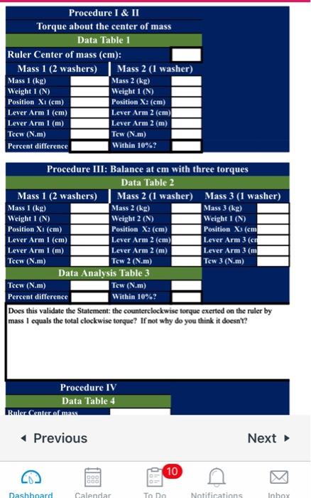 Solved Procedure I & II Torque about the center of mass Data | Chegg.com