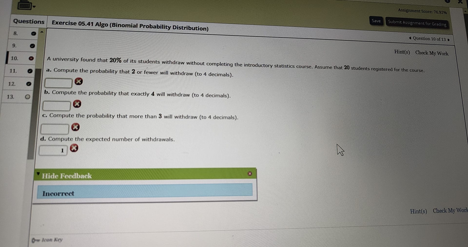 Solved Assignment Score: 76.92%SaveSubmit Assignment for | Chegg.com