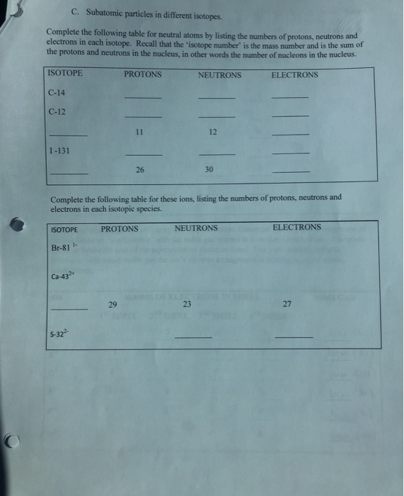 Solved C. Subatomic particles in different isotopes. | Chegg.com