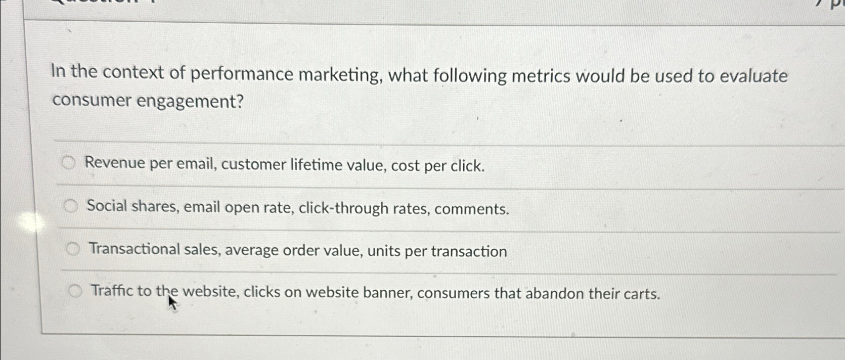 Solved In the context of performance marketing, what | Chegg.com