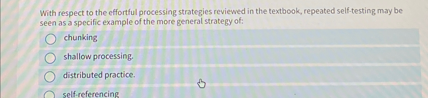 Solved With respect to the effortful processing strategies | Chegg.com