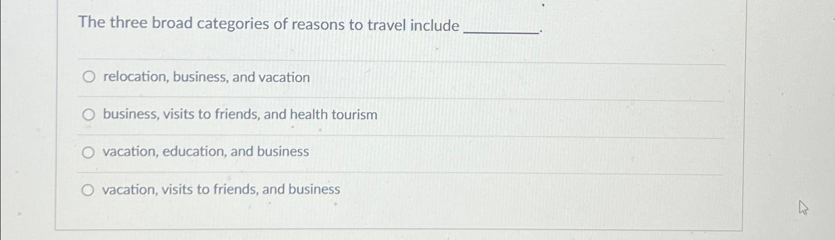 Solved The three broad categories of reasons to travel | Chegg.com