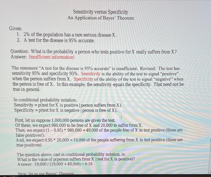 Solved Sensitivity versus Specificity An Application of | Chegg.com