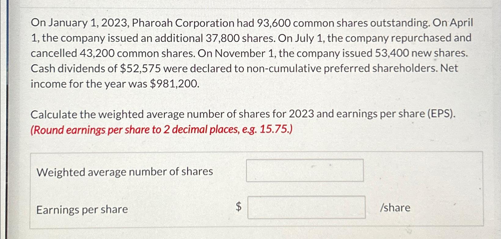 Solved On January 1, 2023, ﻿Pharoah Corporation had 93,600 | Chegg.com