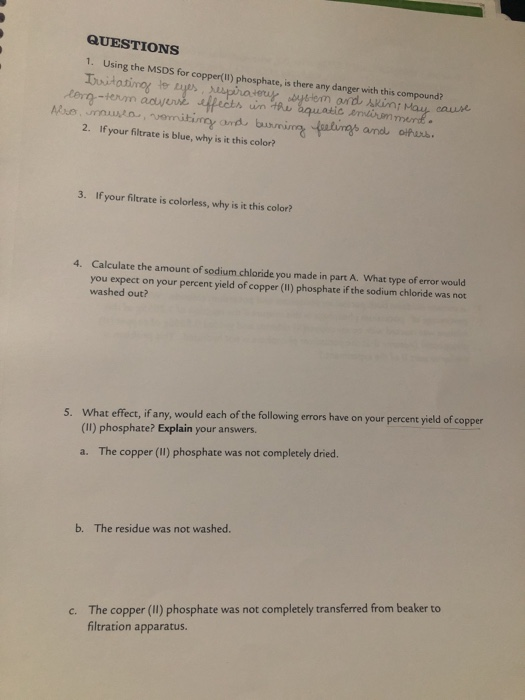 QUESTIONS 1. Using the MSDS for copper(ll) phosphate, | Chegg.com