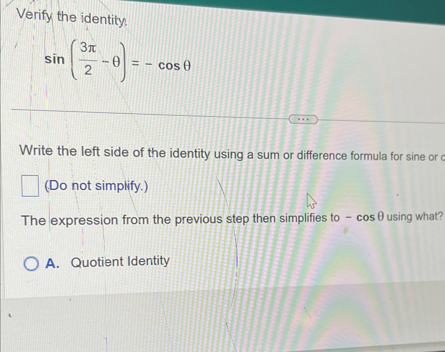 Solved Verify the identity.sin(3π2-θ)=-cosθWrite the left | Chegg.com