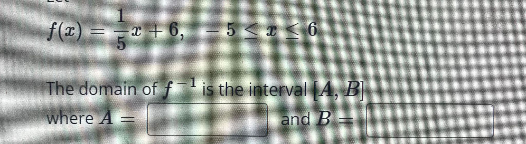 Solved f(x)=15x+6,-5≤x≤6The domain of f-1 ﻿is the interval | Chegg.com