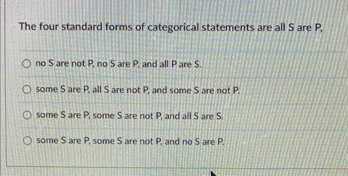 Solved The four standard forms of categorical statements are | Chegg.com