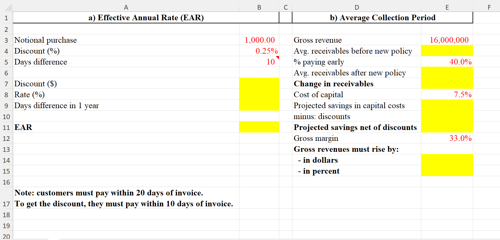 What are the Excel formulas for the yellow cells? | Chegg.com