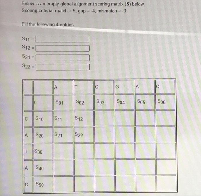 Solved Below is an empty global alignment scoring matrix (S) | Chegg.com