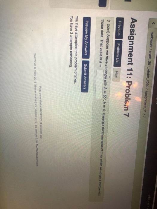 Solved webwork / math_201_winter_2020 / assignment_11/7 | Chegg.com