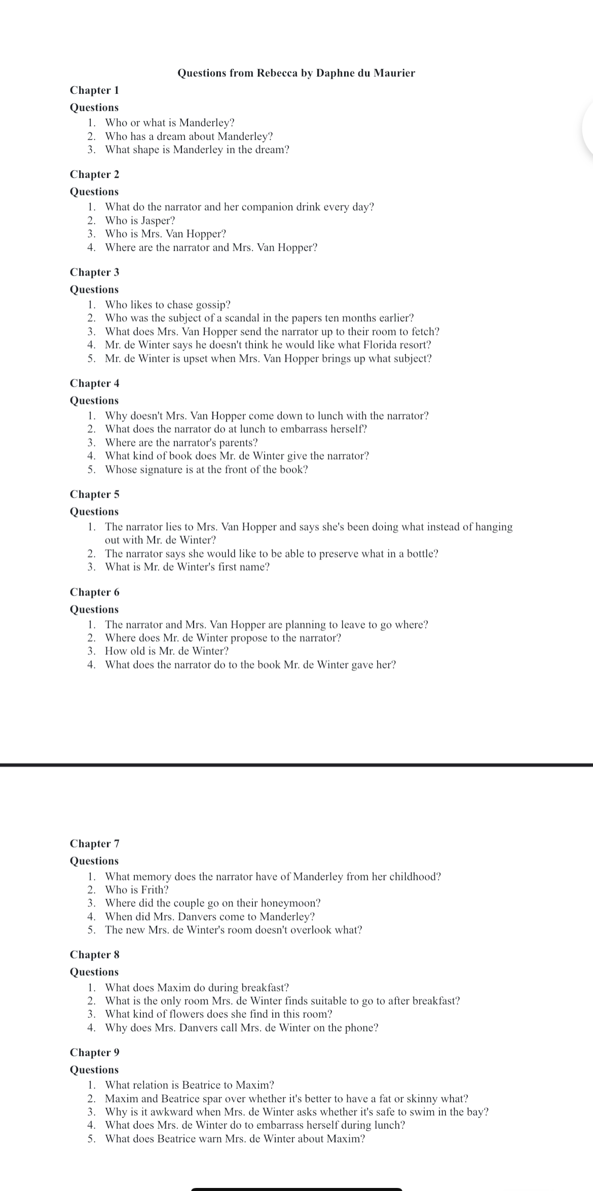 Solved Questions from Rebecca by Daphne du MaurierChapter | Chegg.com