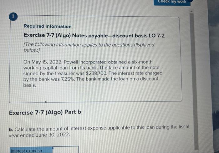 Solved Required information Exercise 7-7 (Algo) Notes | Chegg.com