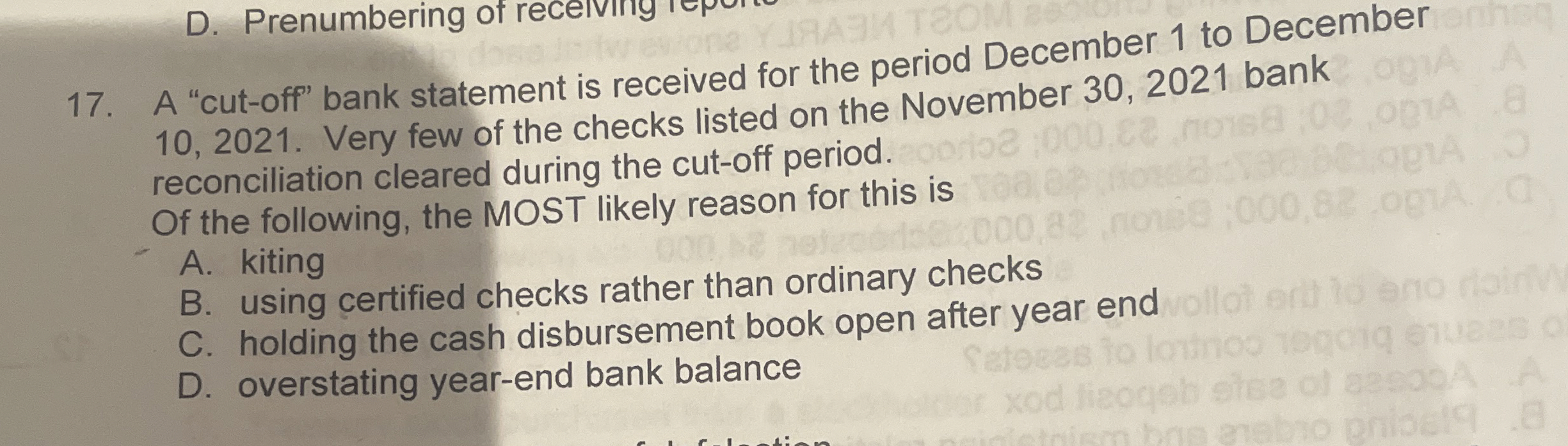 Solved A "cut-off" bank statement is received for the period | Chegg.com