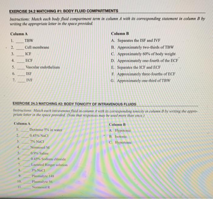Solved Insinictions: Match each body fuid compariment term | Chegg.com