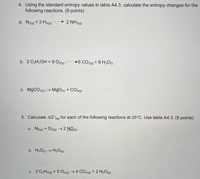 Solved 4. Using the standard entropy values in table A4.3, | Chegg.com