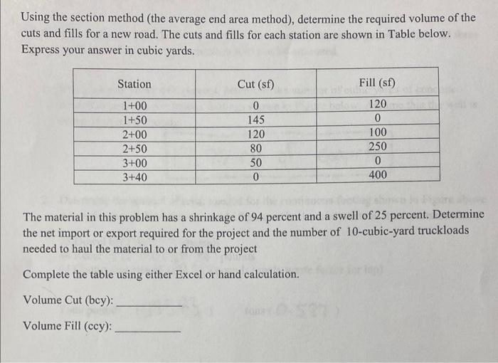 Solved Using the section method (the average end area | Chegg.com