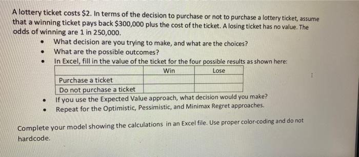 Solved A lottery ticket costs $2. In terms of the decision | Chegg.com