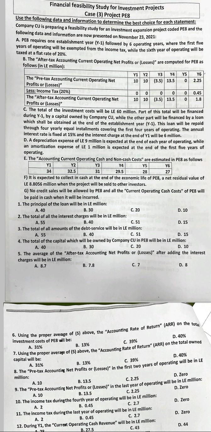 Solved Company CU is preparing a feasibility study for an | Chegg.com