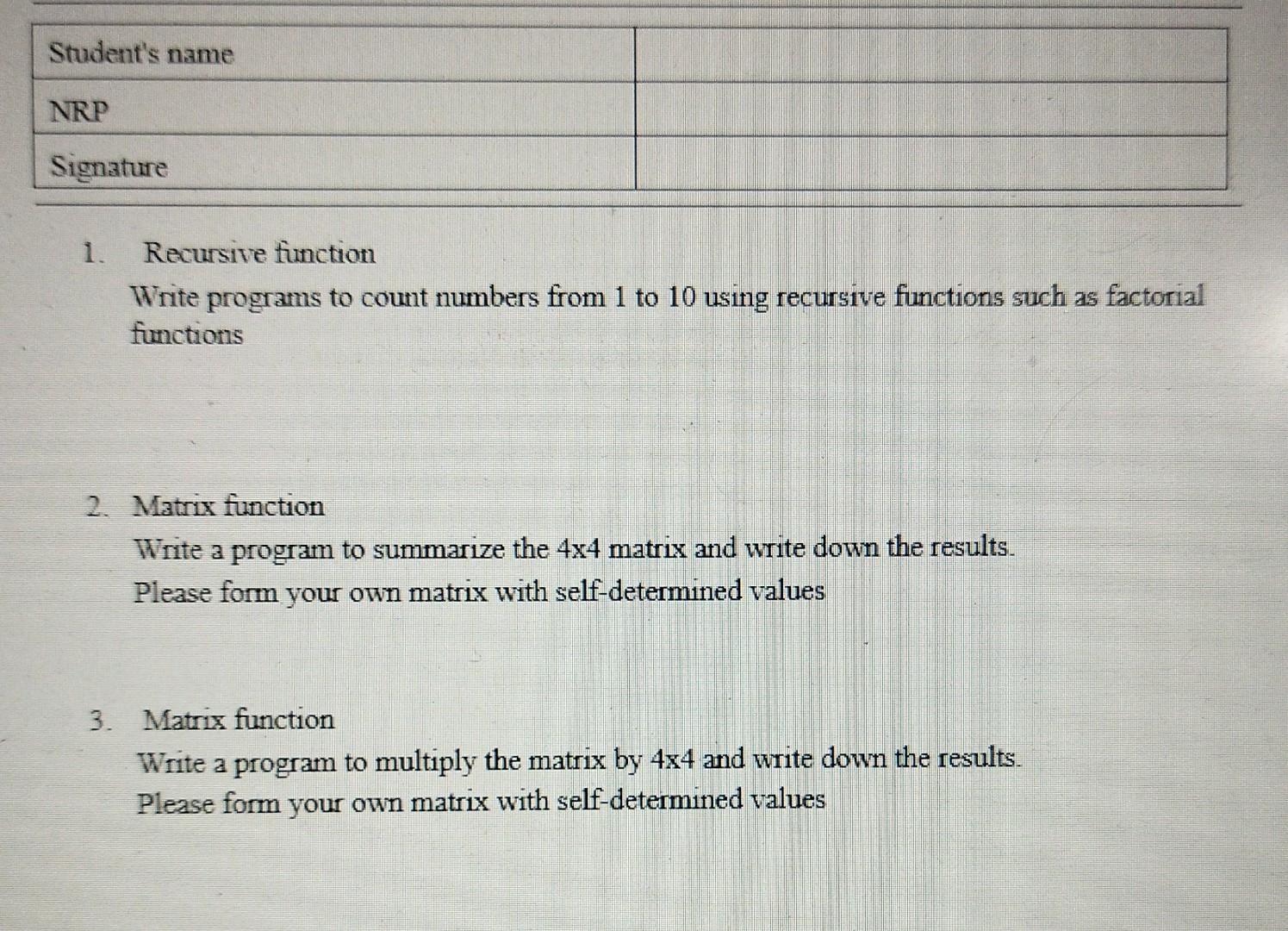 Solved Student's name NRP Signature 1. Recursive function | Chegg.com