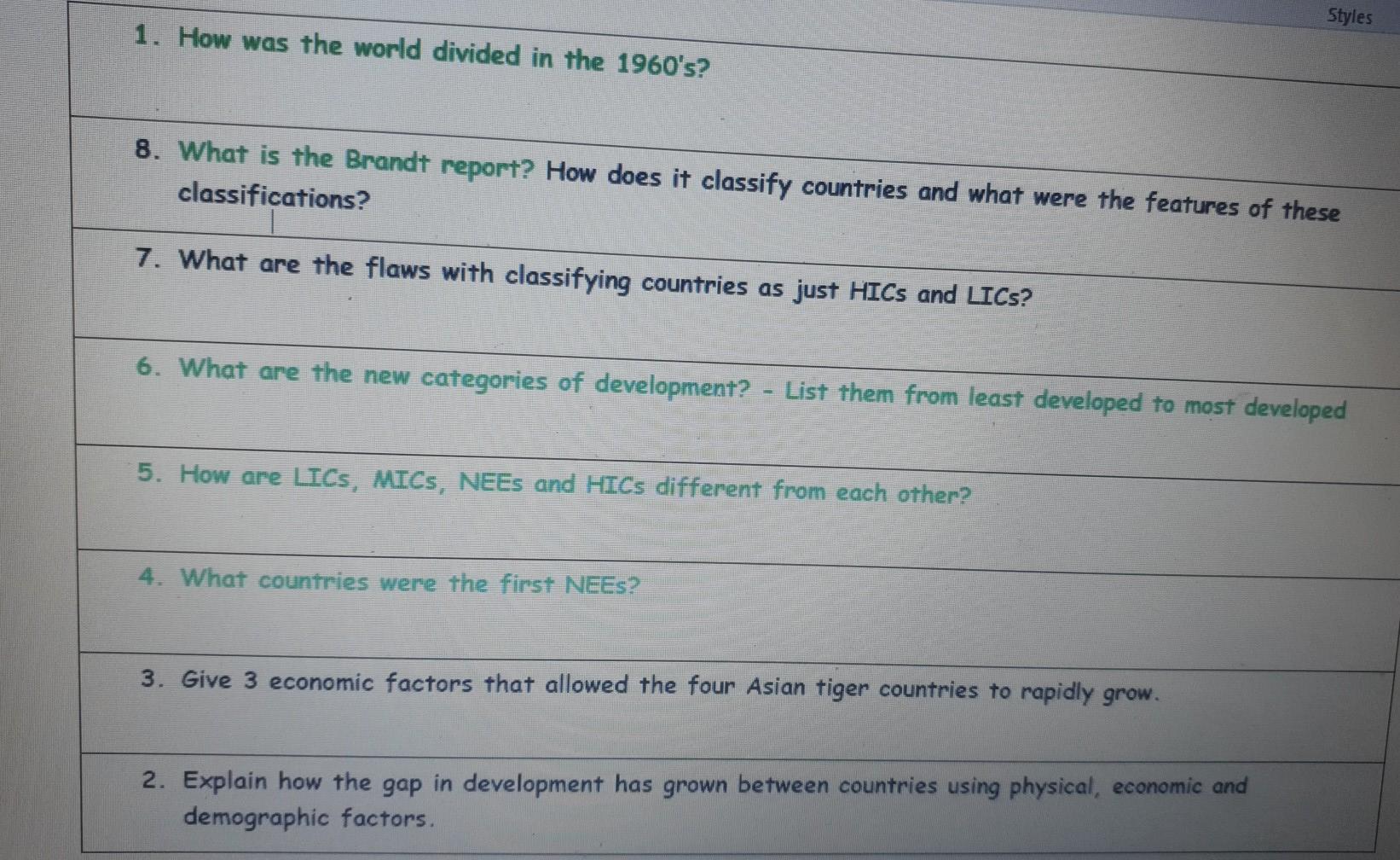 Styles 1. How was the world divided in the 1960's? 8. | Chegg.com