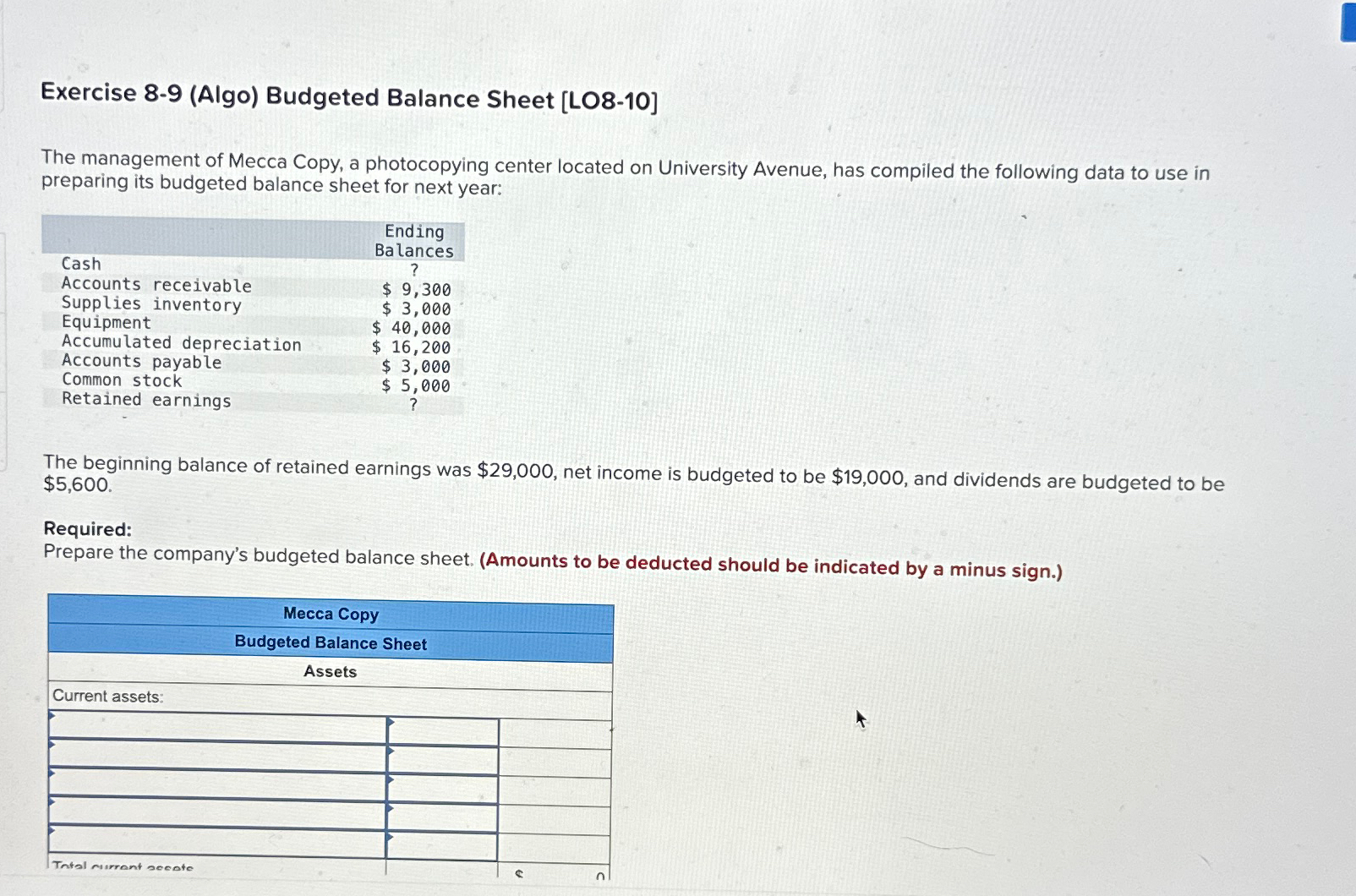Solved Exercise 8-9 (Algo) ﻿Budgeted Balance Sheet | Chegg.com