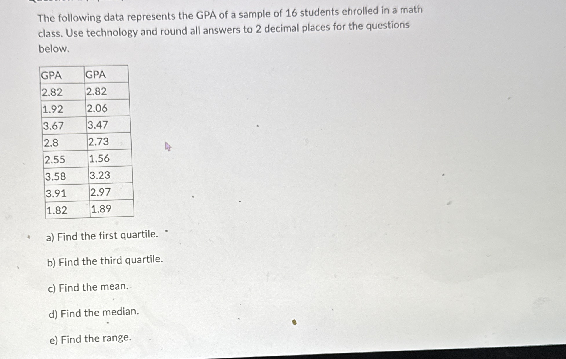 Solved The following data represents the GPA of a sample of | Chegg.com