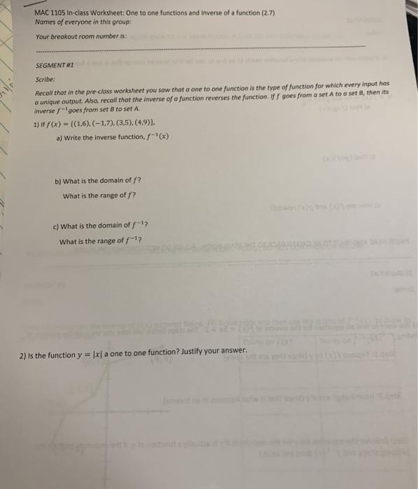 Solved MAC 1105 In-class Worksheet: One to one functions and | Chegg.com
