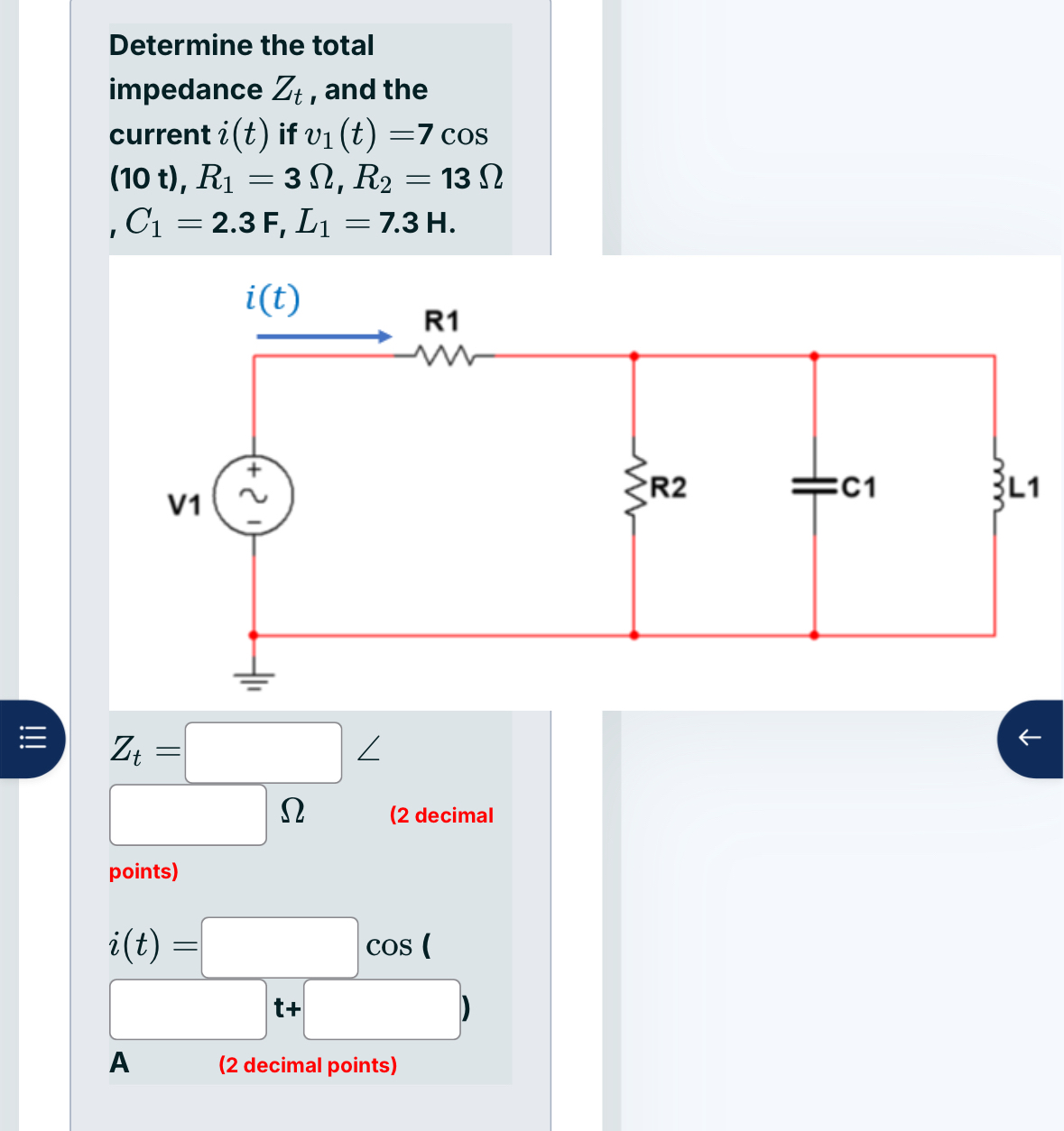 Solved Determine the total impedance Zt, ﻿and the current | Chegg.com
