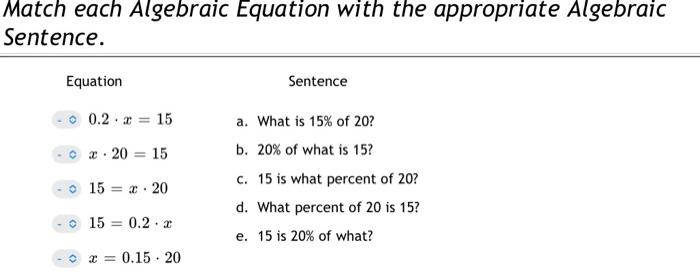 Solved Match Each Algebraic Equation With The Appropriate