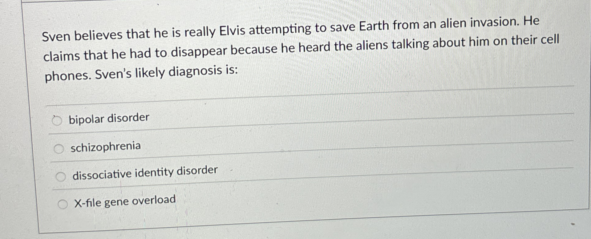 Solved Sven believes that he is really Elvis attempting to | Chegg.com