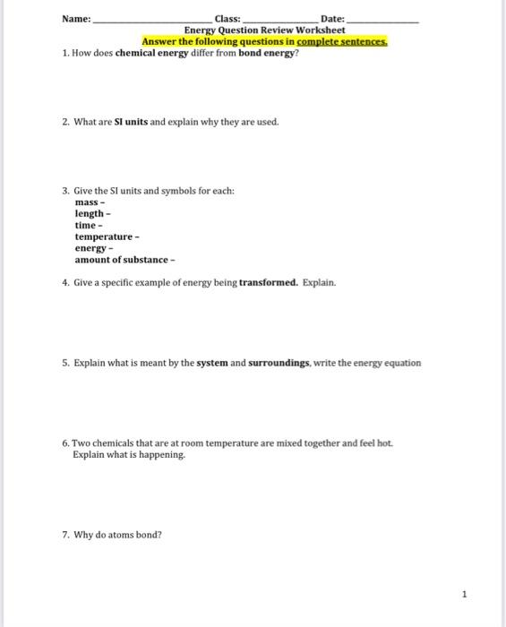 Solved Name: Class: Date: Energy Question Review Worksheet | Chegg.com