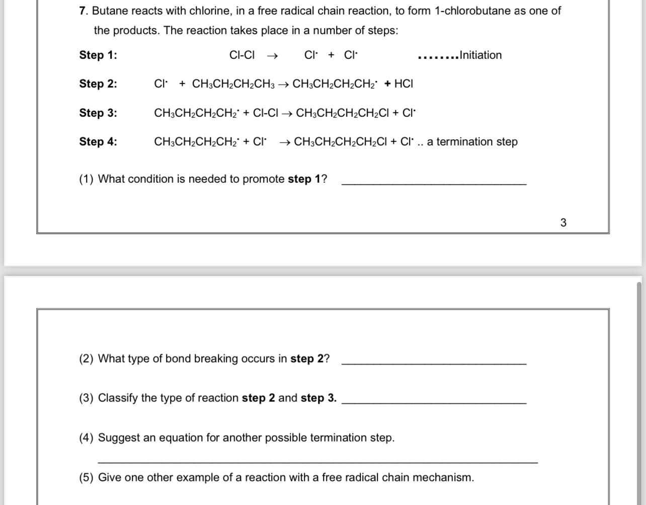Solved Butane reacts with chlorine, in a free radical chain | Chegg.com