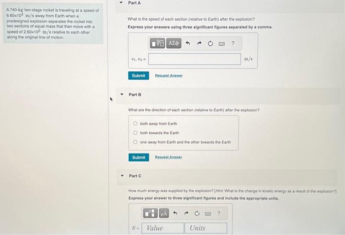 Solved A 740.kg two-stage rocket is traveing at a speed of | Chegg.com