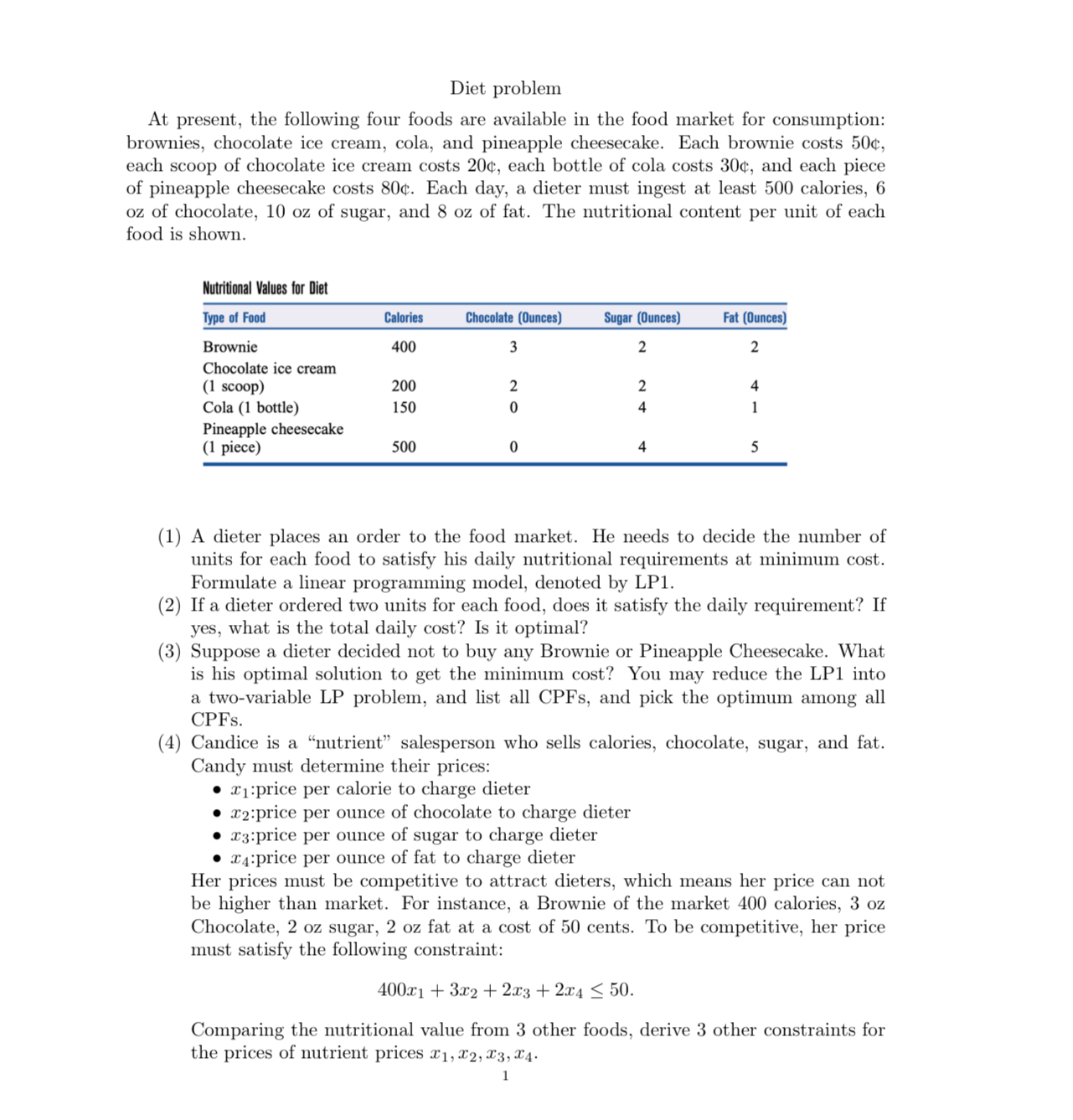 Solved Diet problemAt present, the following four foods are | Chegg.com