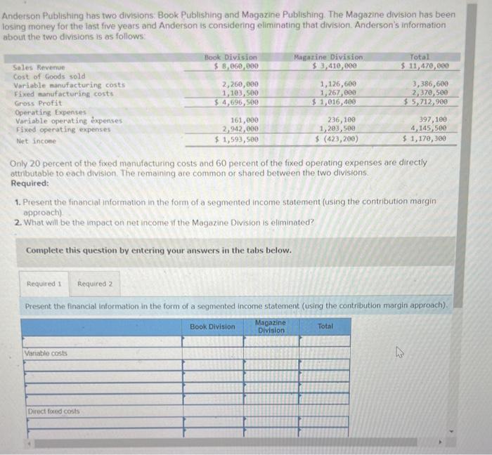 Solved Anderson Publishing has two divisions: Book | Chegg.com