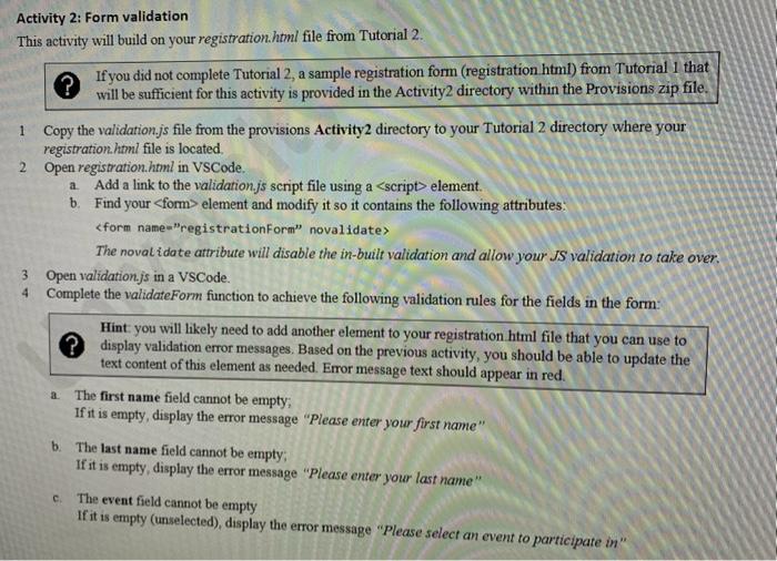 Solved Activity 2: Form validation This activity will build | Chegg.com