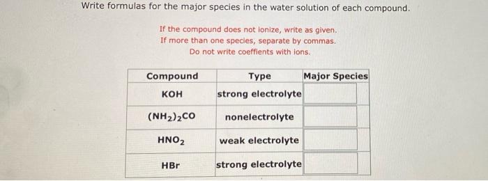 Solved Write formulas for the major species in the water | Chegg.com Solved Write formulas for the major species in the water | Chegg.com