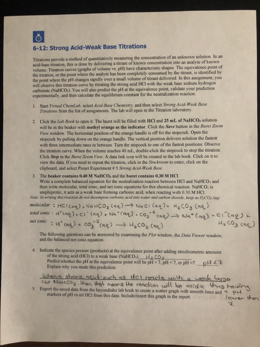 Solved KO 6-12: Strong Acid-Weak Base Titrations Titrations | Chegg.com Solved KO 6-12: Strong Acid-Weak Base Titrations Titrations | Chegg.com
