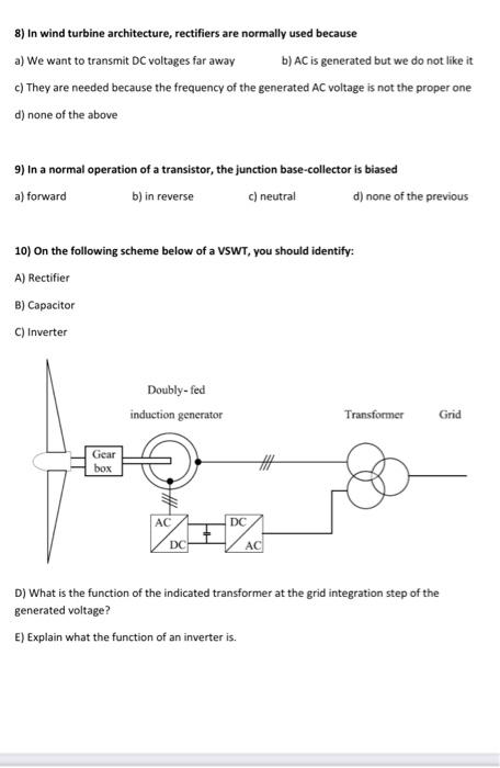 Solved 8) In wind turbine architecture, rectifiers are | Chegg.com