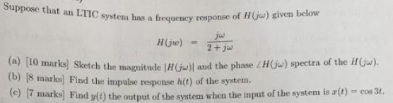 Solved Suppose that an LTIC system has a frequency response | Chegg.com