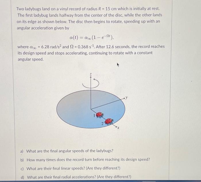 Solved Two ladybugs land on a vinyl record of radius R=15 cm | Chegg.com