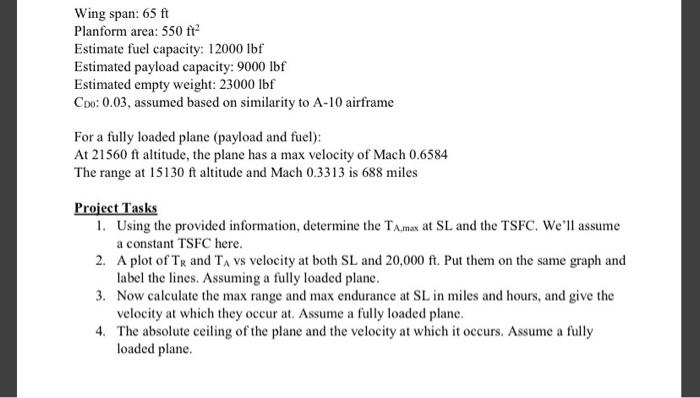 Solved Wing span: 65 ft Planform area: 550 ft- Estimate fuel | Chegg.com