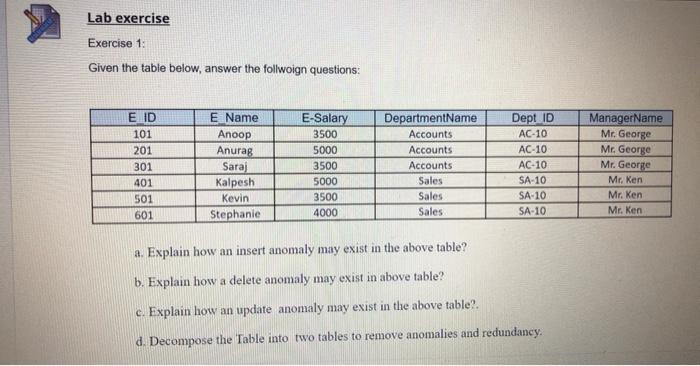 Solved Exercise 1: Given the table below, answer the | Chegg.com