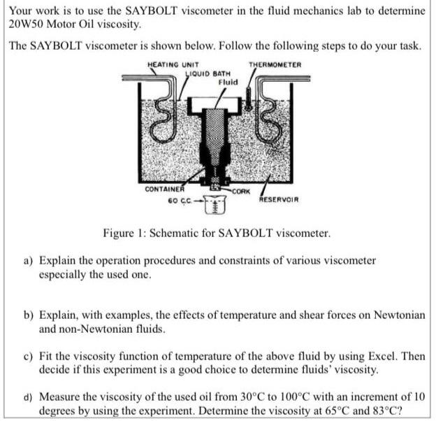 Solved Your work is to use the SAYBOLT viscometer in the | Chegg.com
