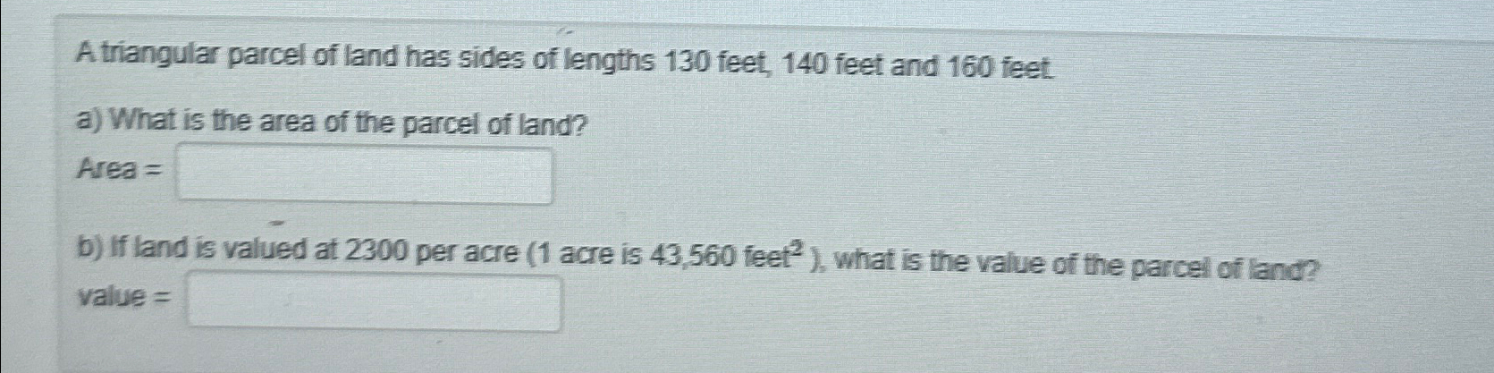 Solved A triangular parcel of land has sides of lengths 130 | Chegg.com