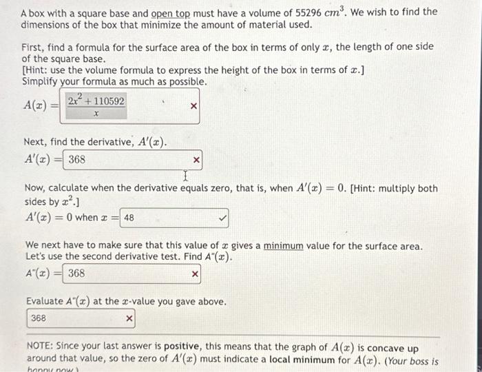 Solved A box with a square base and open top must have a | Chegg.com