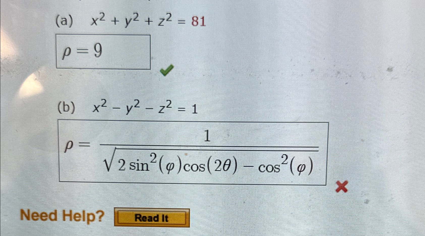 Solved (a) x2+y2+z2=81(b) x2-y2-z2=1ρ=1?bar (1)Need Help? | Chegg.com