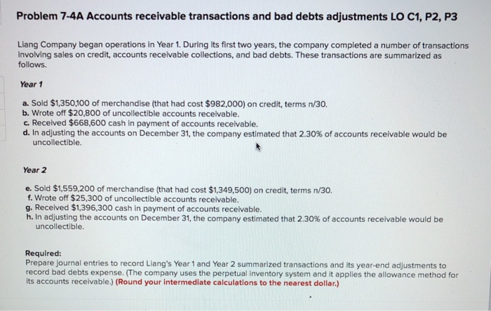 Solved Problem 7-4A Accounts receivable transactions and bad | Chegg.com