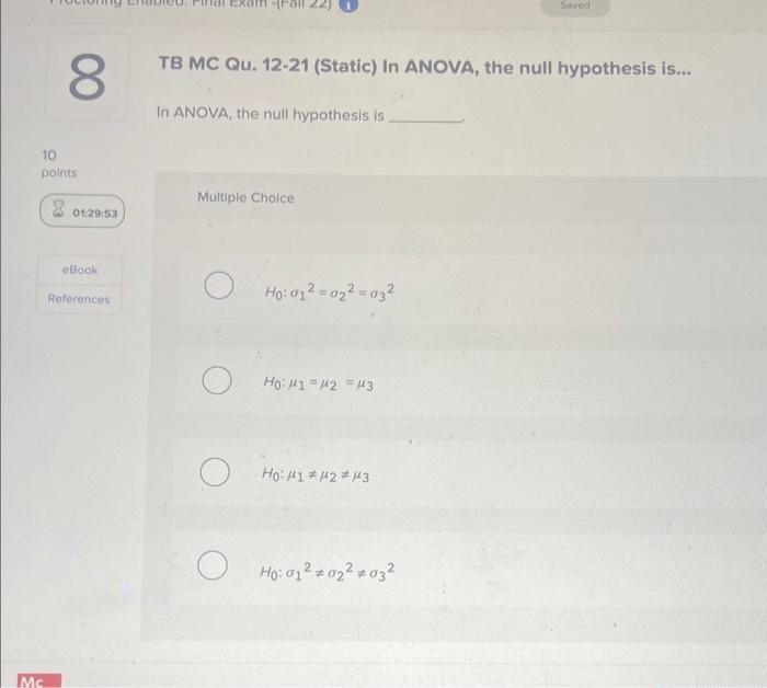 Solved TB MC Qu. 12-21 (Static) In ANOVA, the null | Chegg.com